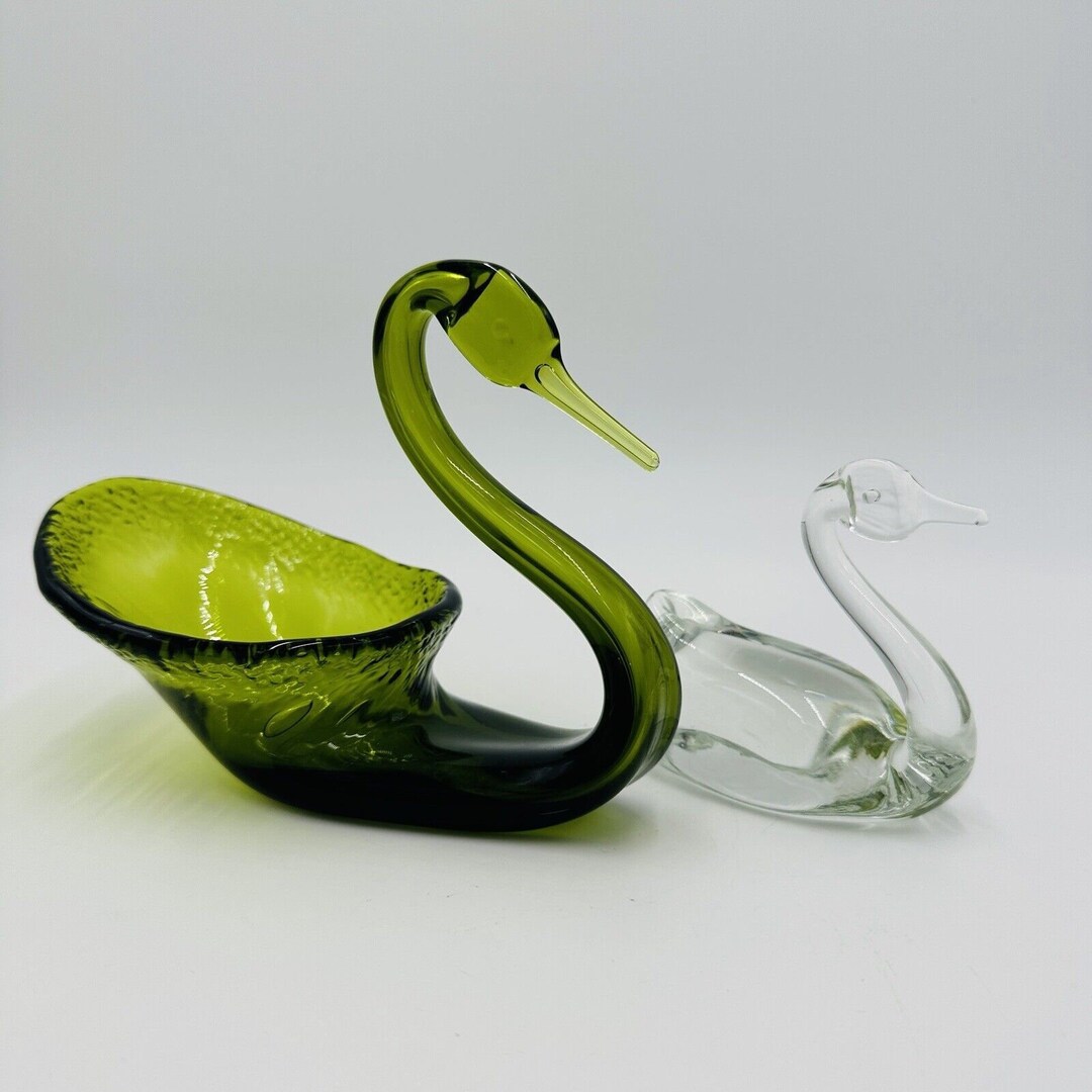 Viking Swan Pair Figurines Art Glass Green Avocado Clear Vintage Home ...