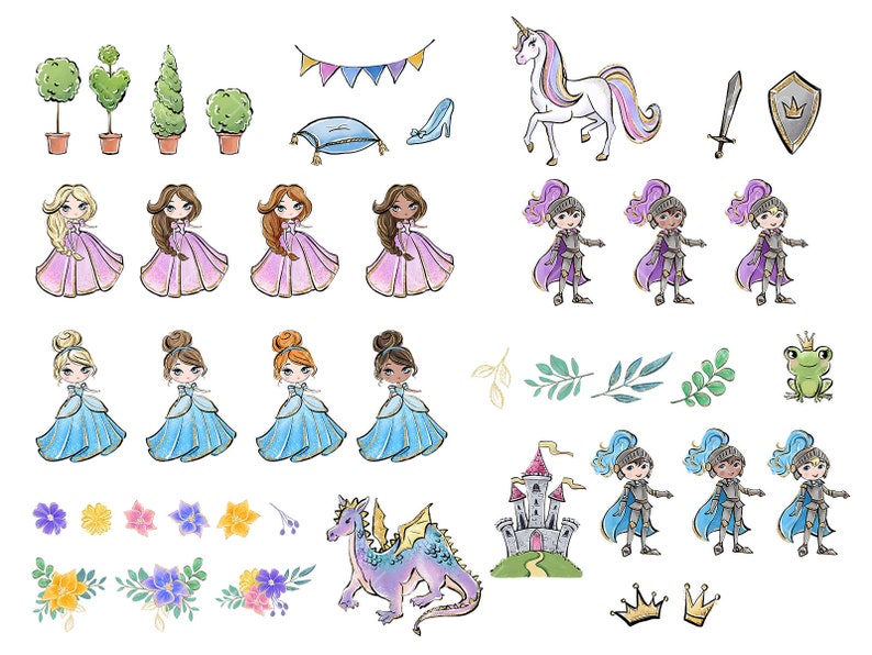 Princess Clipart Fairytale PNG Knight Dragon Unicorn - Etsy
