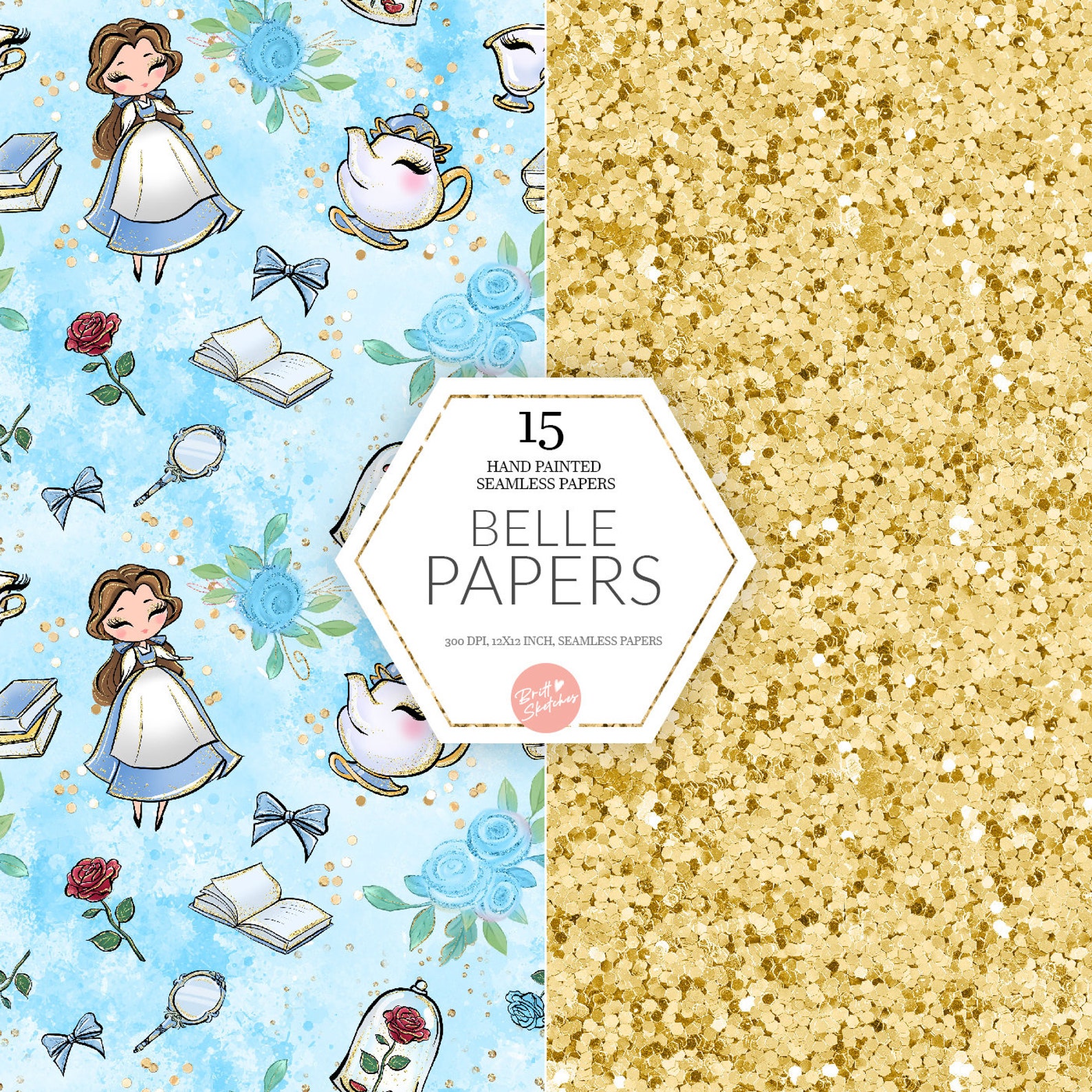 Beauty and Beast Digital Paper, Belle and the Beast, Cute Kids Art ...