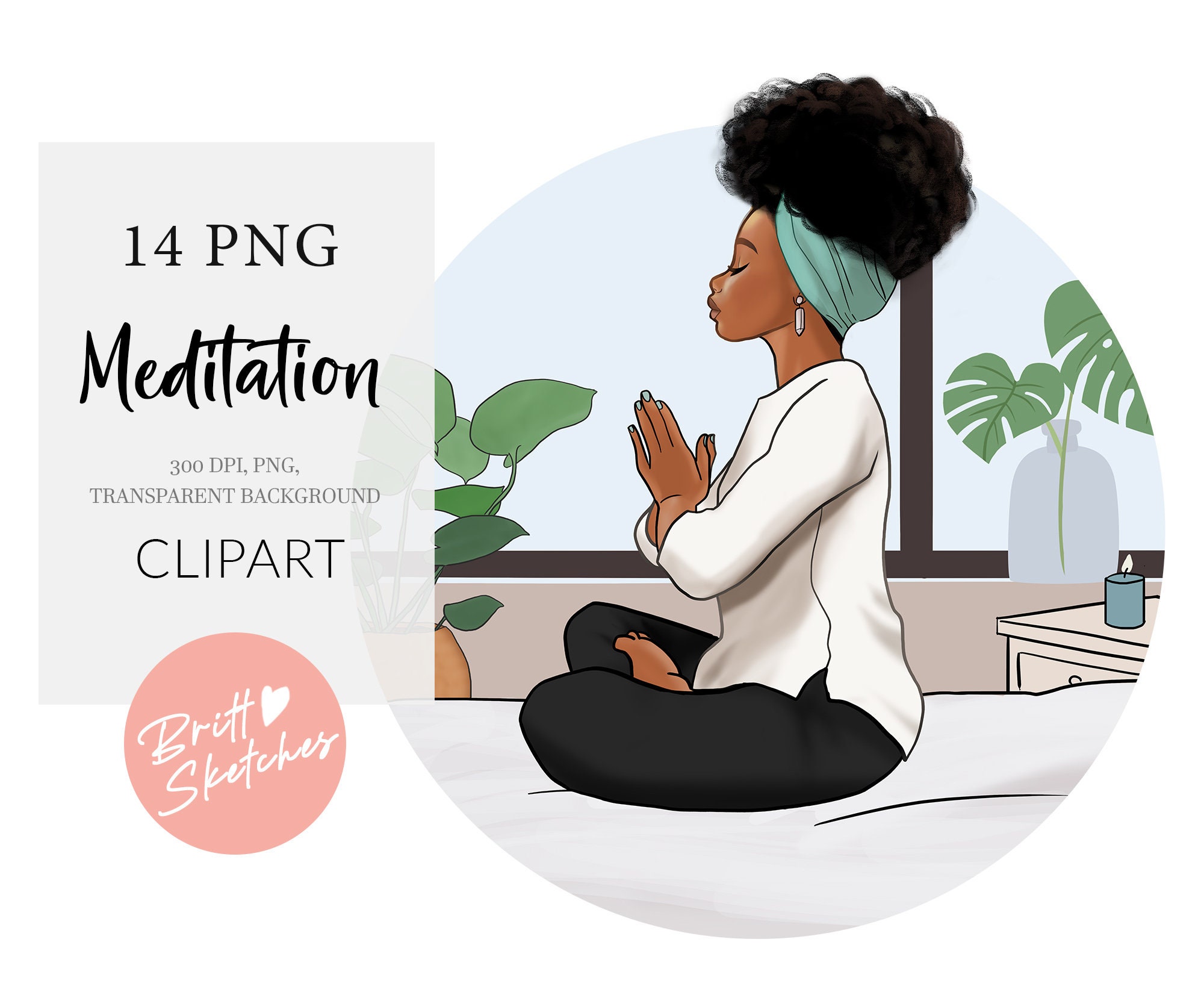 Meditation Girl Clipart, Mindful Yoga Clip Art, African American, Afro ...