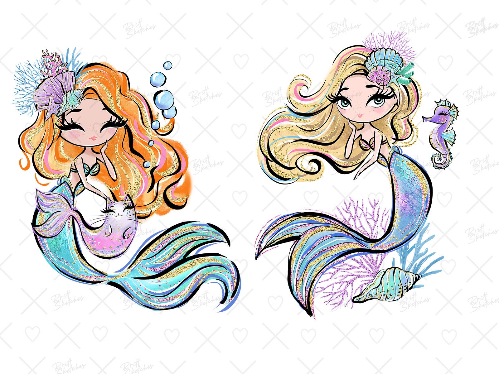 Mermaid Clipart, Merkitty, Ocean, Glitter, Mermaid PNG, Seahorse ...