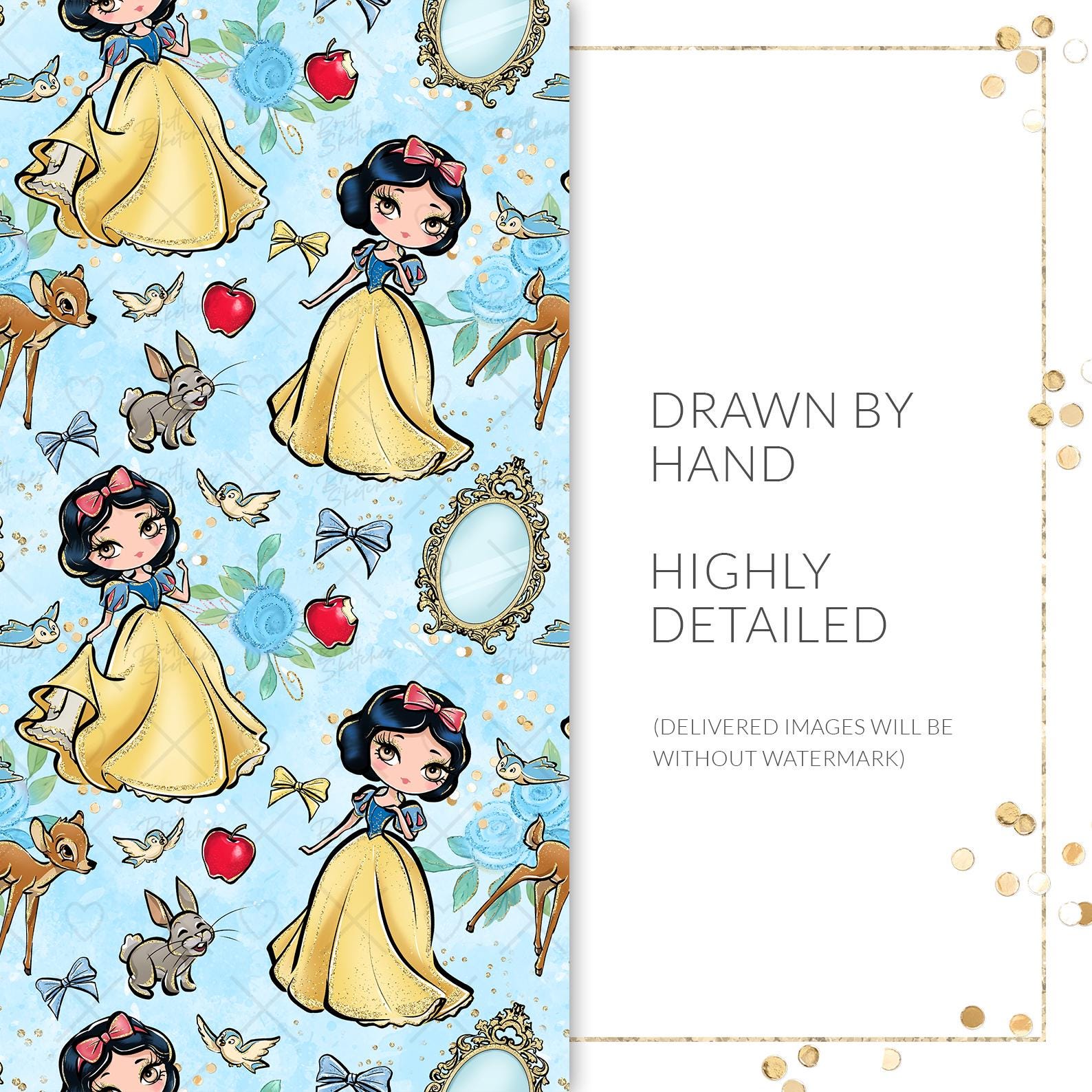 Snow White Seamless Pattern, Hand Drawn Digital Paper, Princess Art ...