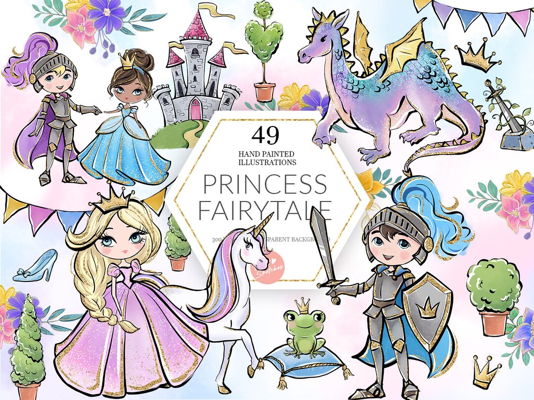 Princess Clipart, Fairytale PNG, Knight, Dragon, Unicorn, Glass Slipper ...