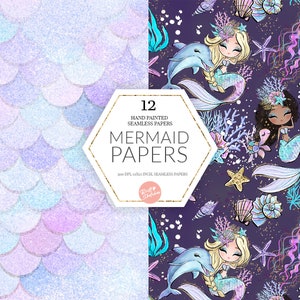 Mermaid Digital Paper, High Res JPG Seamless Pattern, Glitter Dolphin ...