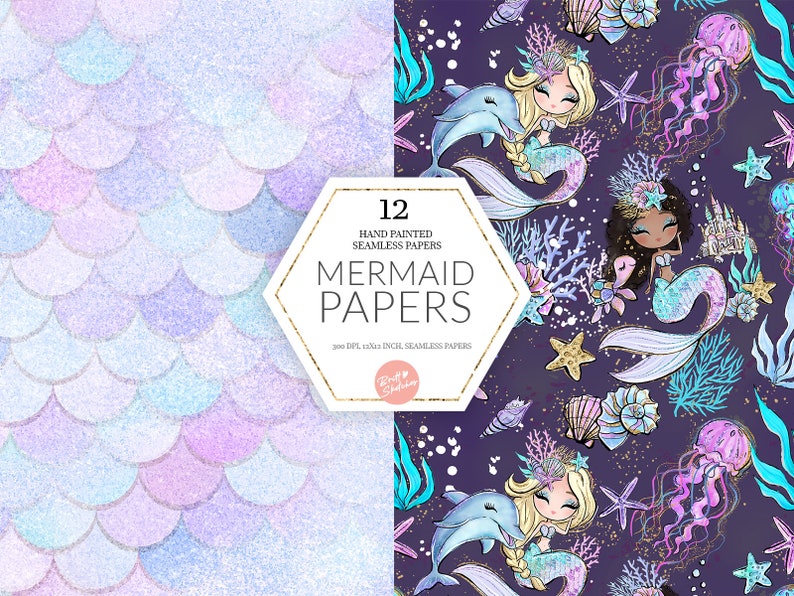 Mermaid Digital Paper, High Res JPG Seamless Pattern, Glitter Dolphin ...