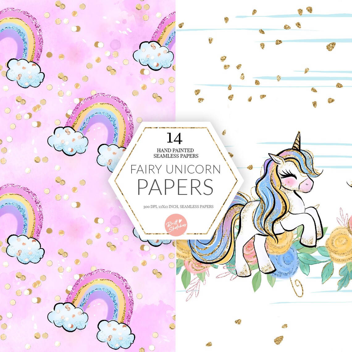 Fairy Unicorn Digital Paper, Cute Glitter Fairy Art, Seamless Pattern ...