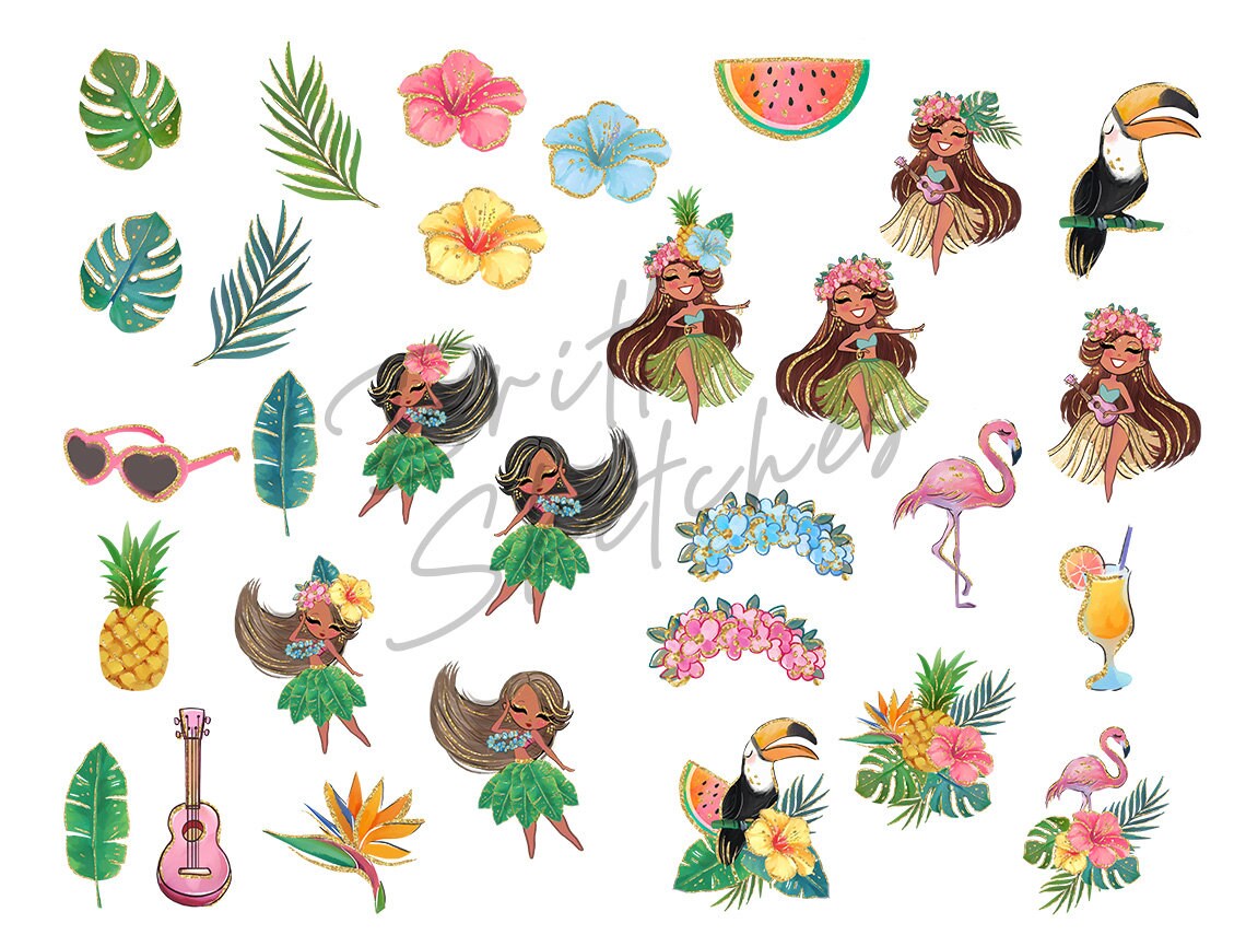 Hawaiian Luau Clipart Tropical Glitter Aloha Flamingo Toucan - Etsy