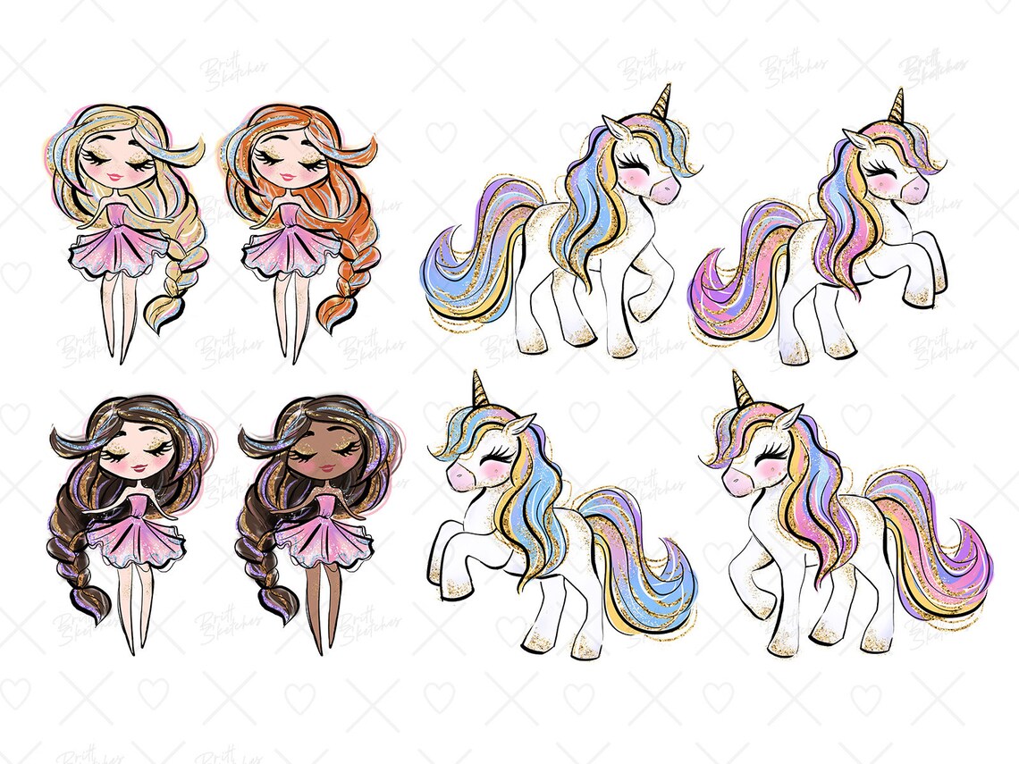 Unicorn Fairytale Clipart Cute Princess Glitter Fairy Girl - Etsy