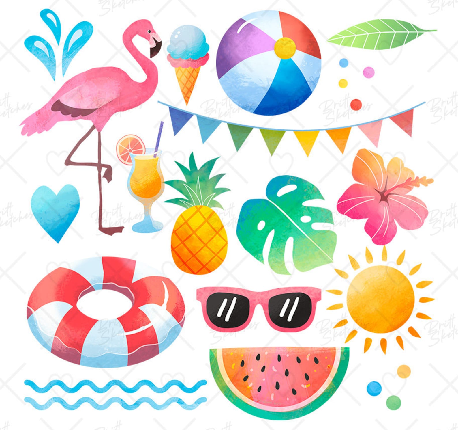 Pool Party Clipart - Watercolor Summer Instant Download - Tropical ...