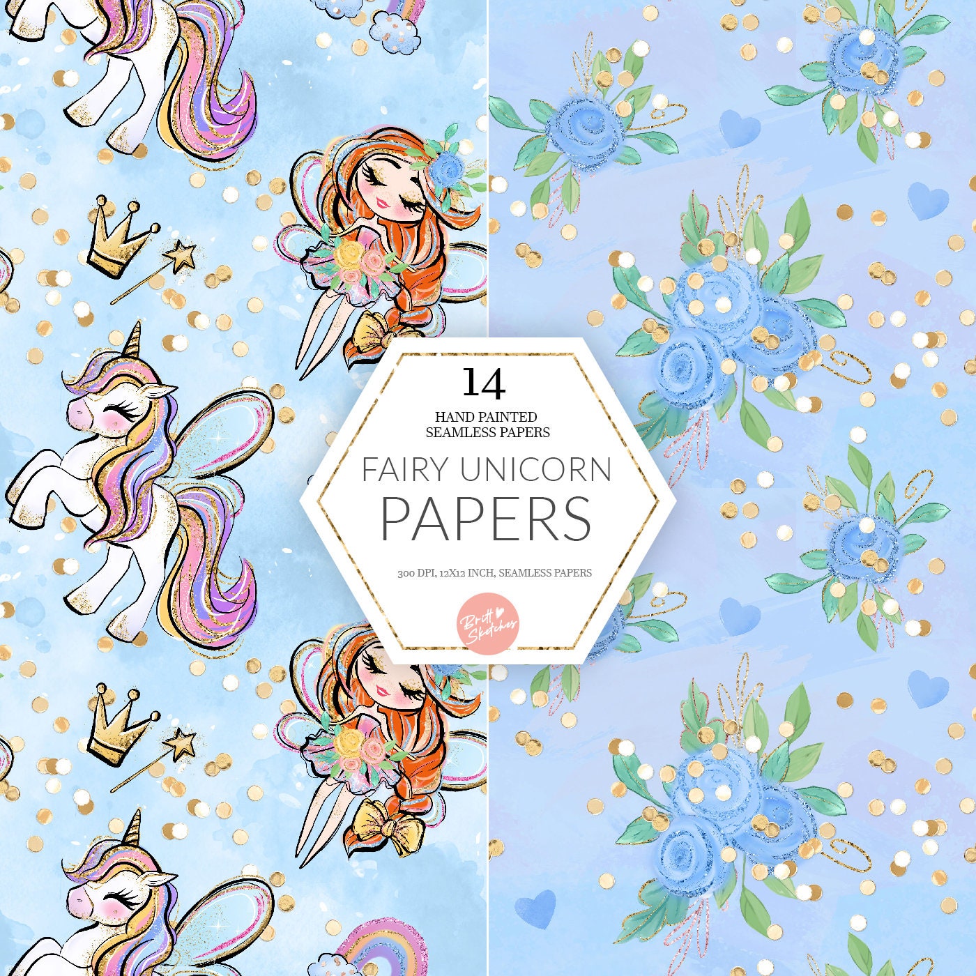 Fairy Unicorn Digital Paper, Cute Glitter Fairy Art, Seamless Pattern ...