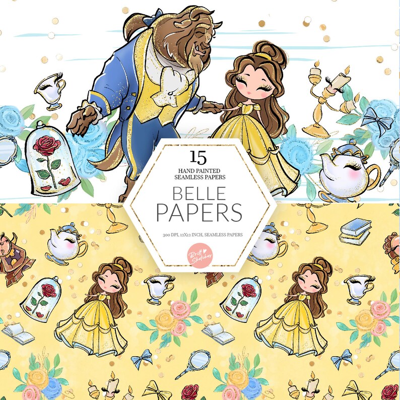 Beauty and Beast Digital Paper, Belle and the Beast, Cute Kids Art ...