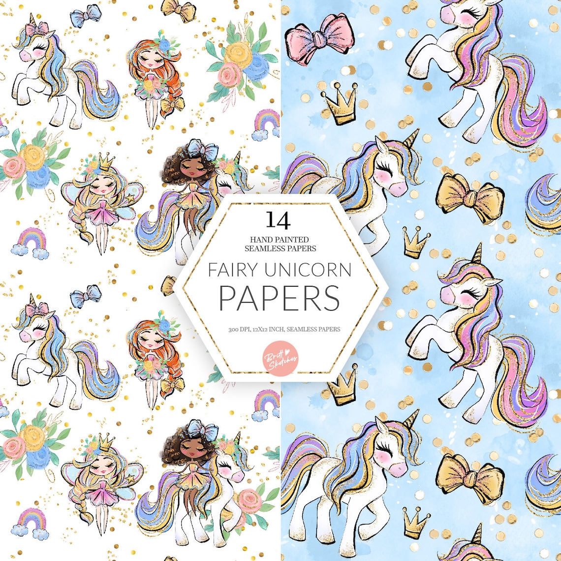 Fairy Unicorn Digital Paper, Cute Glitter Fairy Art, Seamless Pattern ...