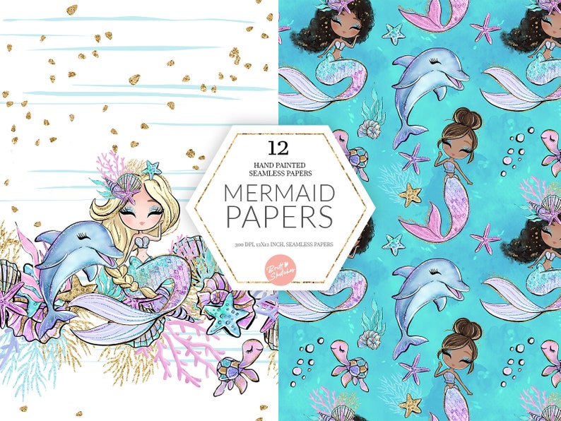 Mermaid Digital Paper, High Res JPG Seamless Pattern, Glitter Dolphin ...