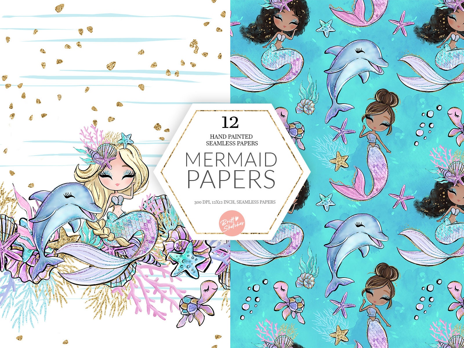 Mermaid Digital Paper High Res JPG Seamless Pattern Glitter - Etsy
