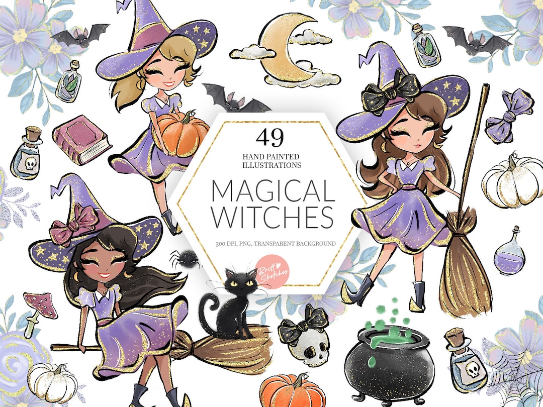 Witches Clipart, Magic, Halloween, Cute Witch PNG, Cauldron, Black Cat ...
