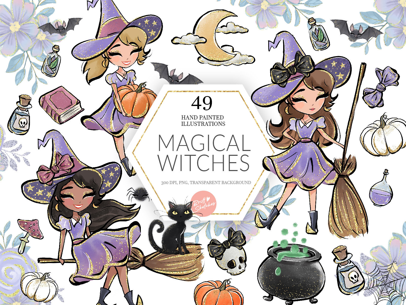 Witches Clipart, Magic, Halloween, Cute Witch PNG, Cauldron, Black Cat ...