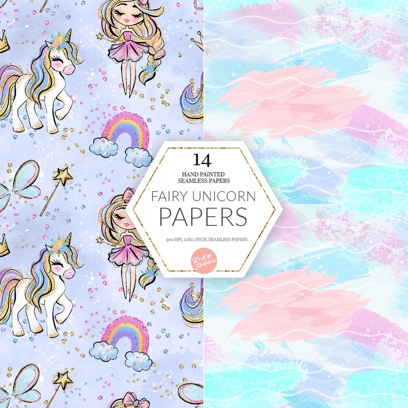 Fairy Unicorn Digital Paper, Cute Glitter Fairy Art, Seamless Pattern ...