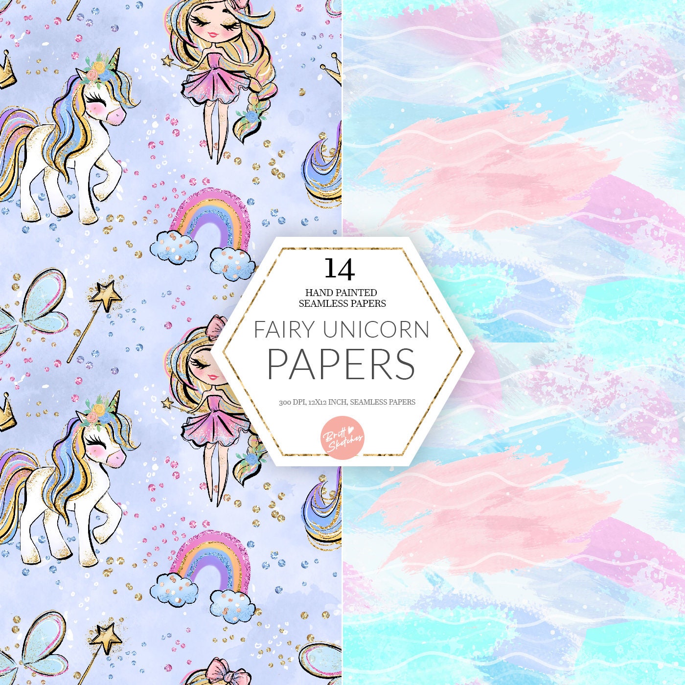 Fairy Unicorn Digital Paper, Cute Glitter Fairy Art, Seamless Pattern ...