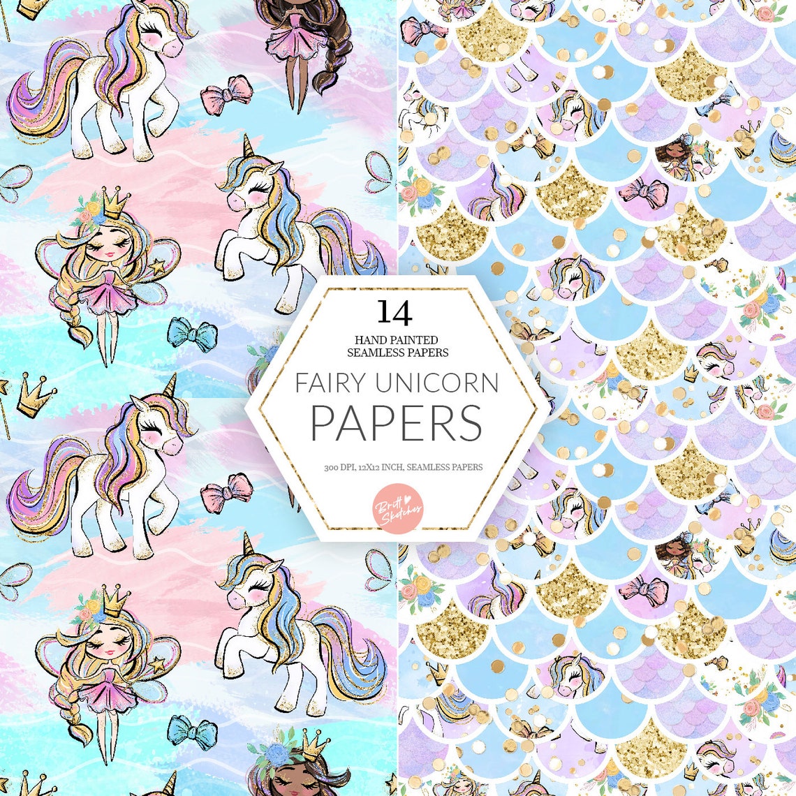 Fairy Unicorn Digital Paper, Cute Glitter Fairy Art, Seamless Pattern ...
