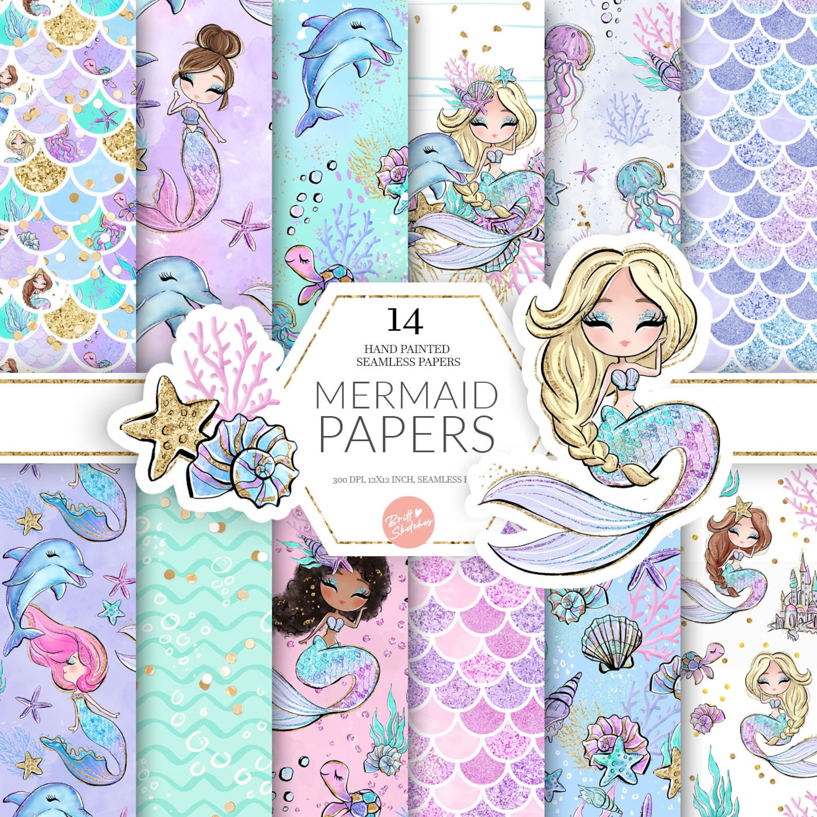 Mermaids Digital Paper Pastel Version High Res JPG Seamless - Etsy