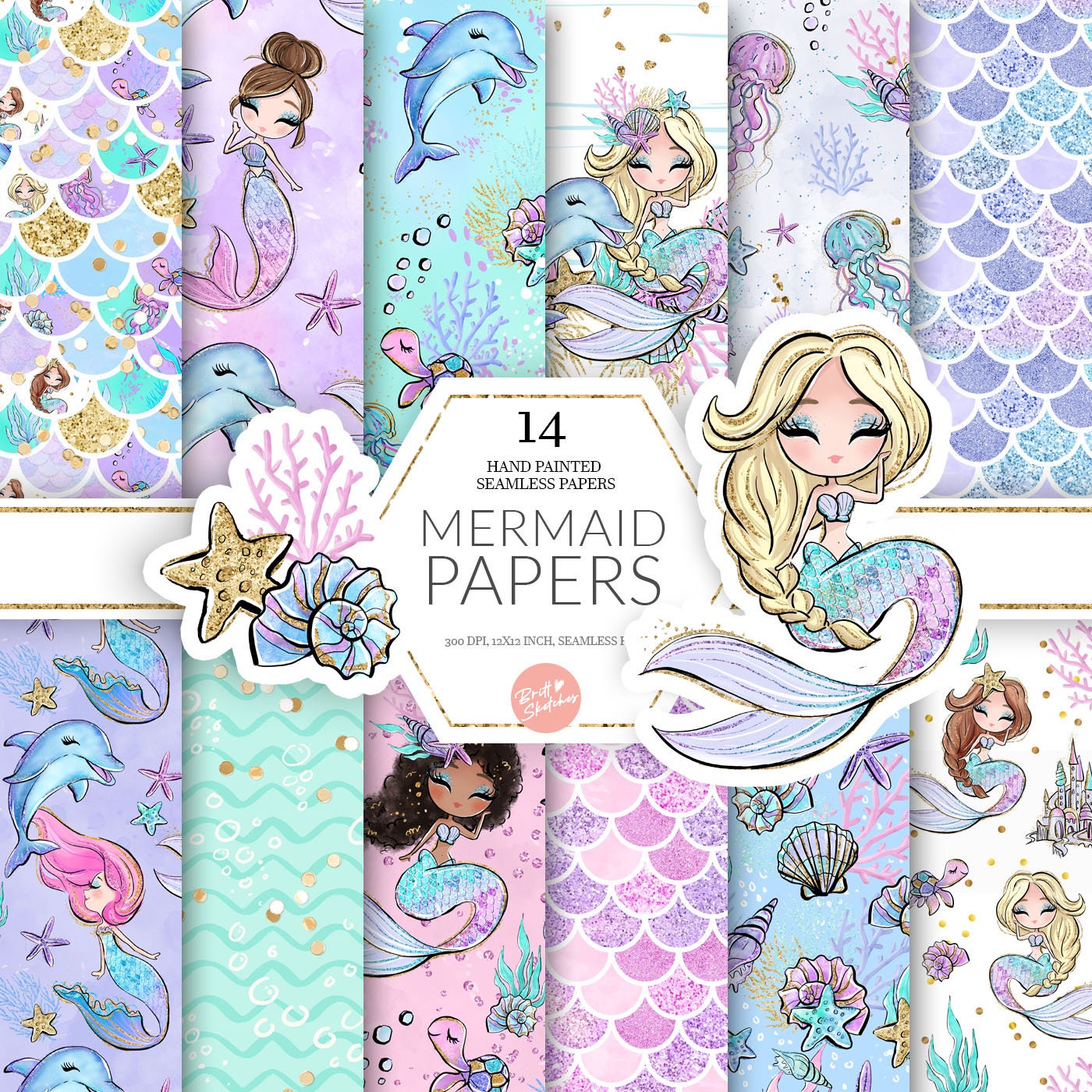 Mermaids Digital Paper Pastel Version High Res JPG Seamless - Etsy