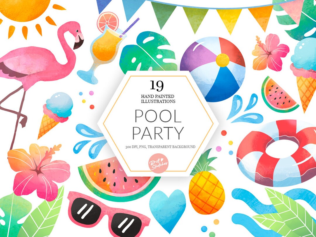 Pool Party Clipart - Watercolor Summer Instant Download - Tropical ...