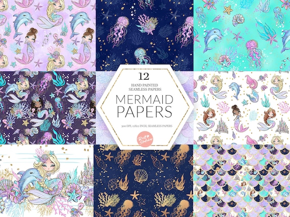 Mermaid Digital Paper High Res JPG Seamless Pattern Glitter | Etsy