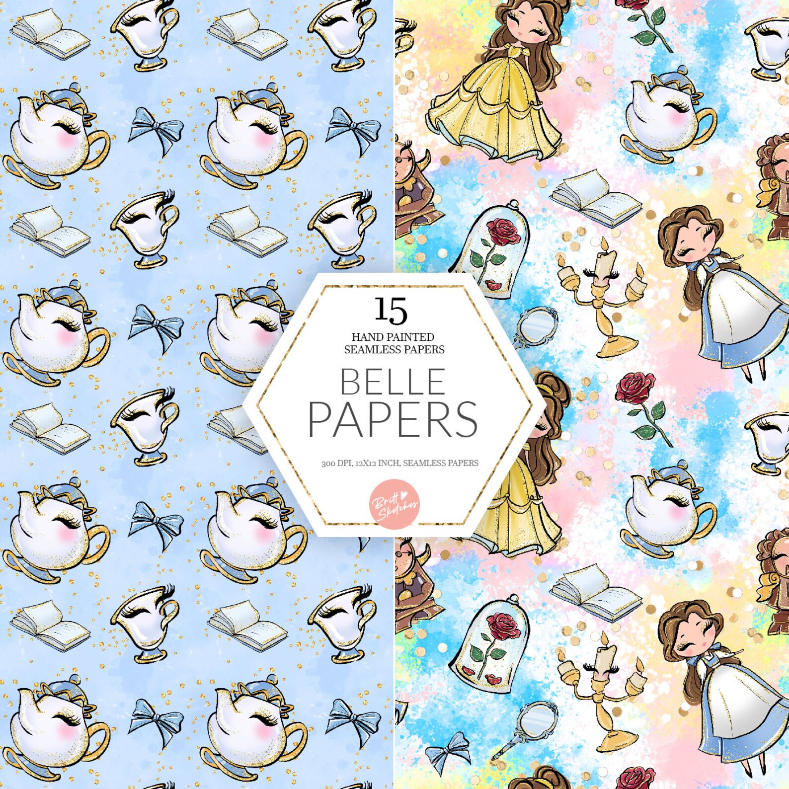 Beauty and Beast Digital Paper, Belle and the Beast, Cute Kids Art ...