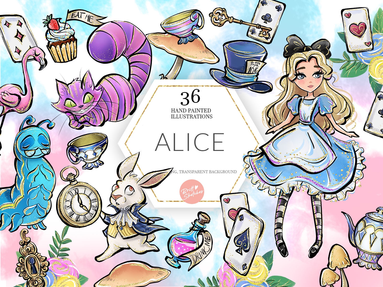 Alice in Wonderland Clipart, Cheshire Cat, Mad Hatter, Rabbit, Tea ...