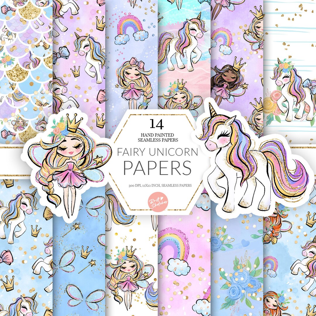 Fairy Unicorn Digital Paper, Cute Glitter Fairy Art, Seamless Pattern ...
