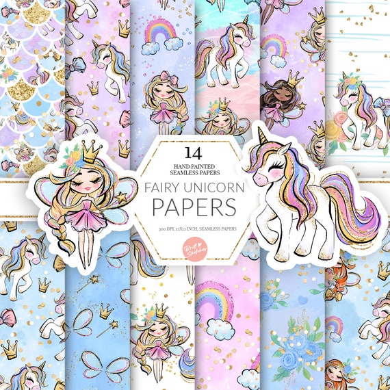 Fairy Unicorn Digital Paper Cute Glitter Fairy Art Seamless - Etsy