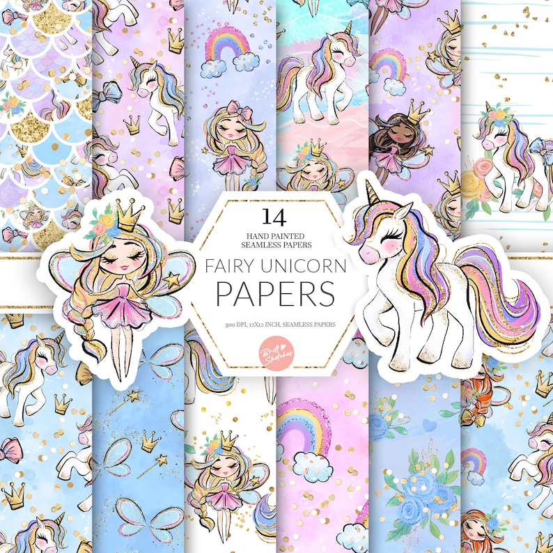 Fairy Unicorn Digital Paper, Cute Glitter Fairy Art, Seamless Pattern ...
