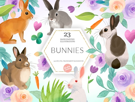 Whimsical Bunny Cliparts Easter Bunnies Spring Illustrations | Etsy