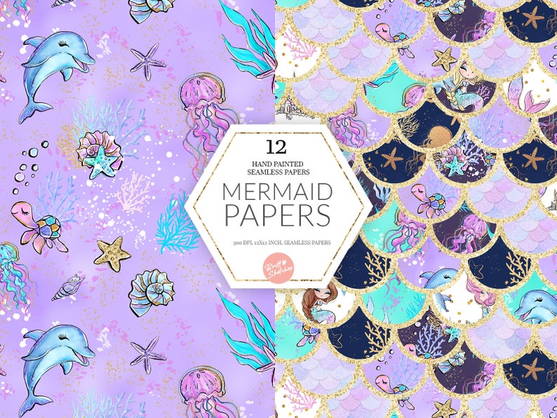 Mermaid Digital Paper High Res JPG Seamless Pattern Glitter - Etsy