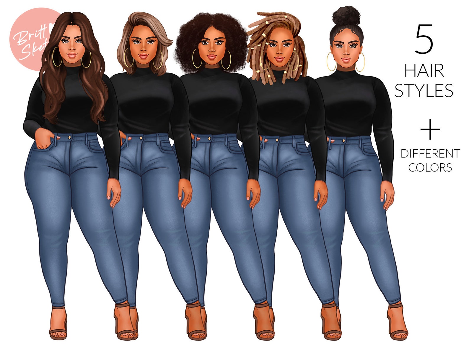 Fashion Girl Clipart Curvy Denim Girls Jeans Girl Clipart - Etsy