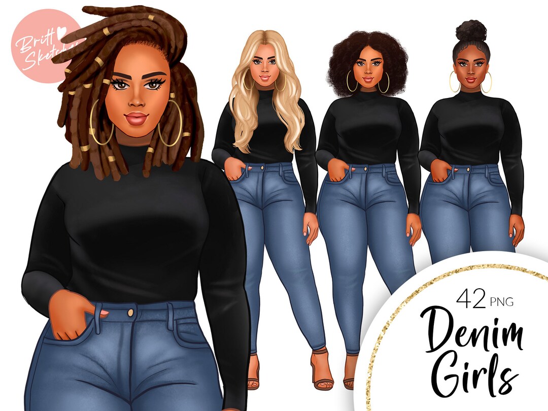 Fashion Girl Clipart, Curvy Denim Girls, Jeans Girl Clipart, African ...