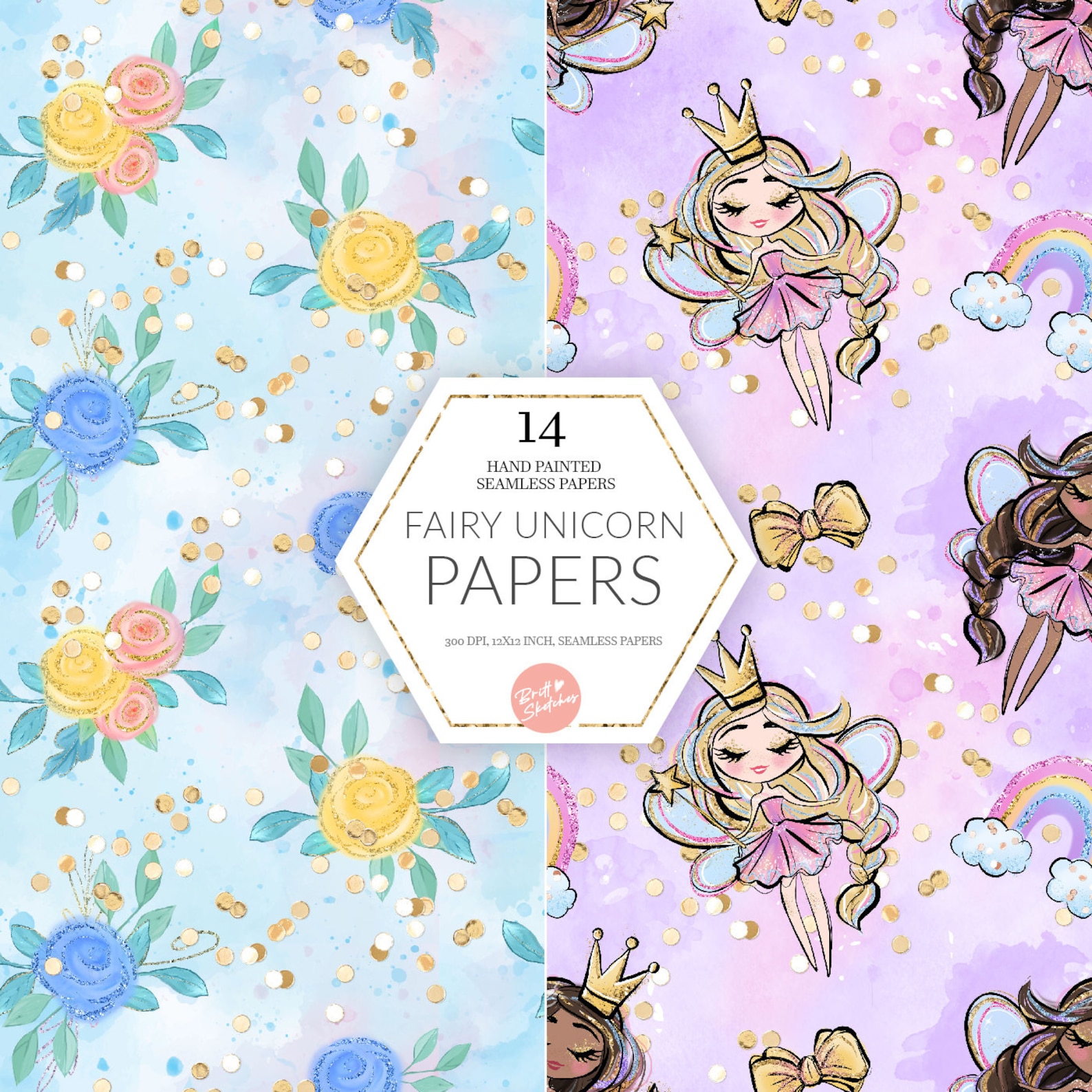 Fairy Unicorn Digital Paper, Cute Glitter Fairy Art, Seamless Pattern ...