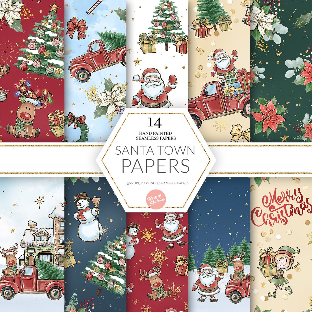 Santa Town Digital Papers, Christmas Seamless Patterns, High Res JPG ...