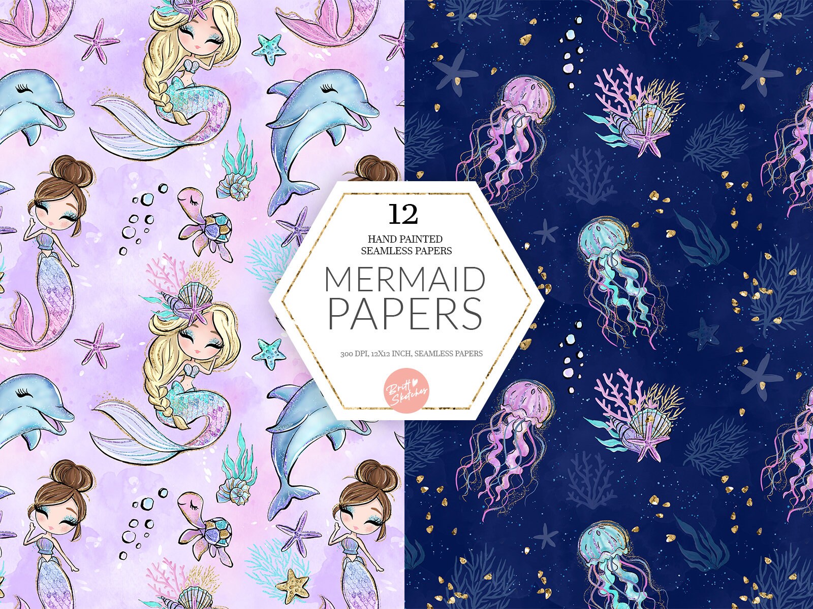 Mermaid Digital Paper High Res JPG Seamless Pattern Glitter - Etsy
