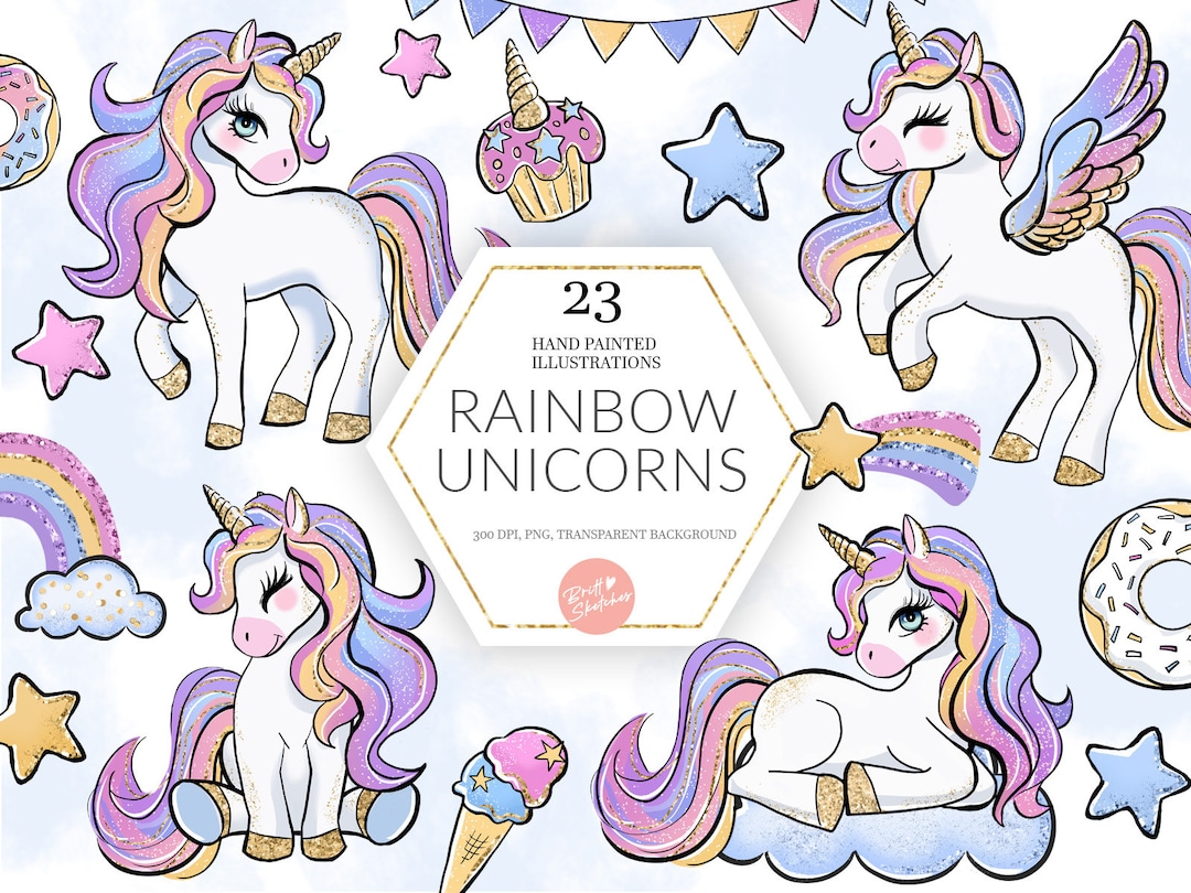 Rainbow Unicorn Clipart, Unicorn PNG, Glitter, Sweets, Rainbow Stars ...