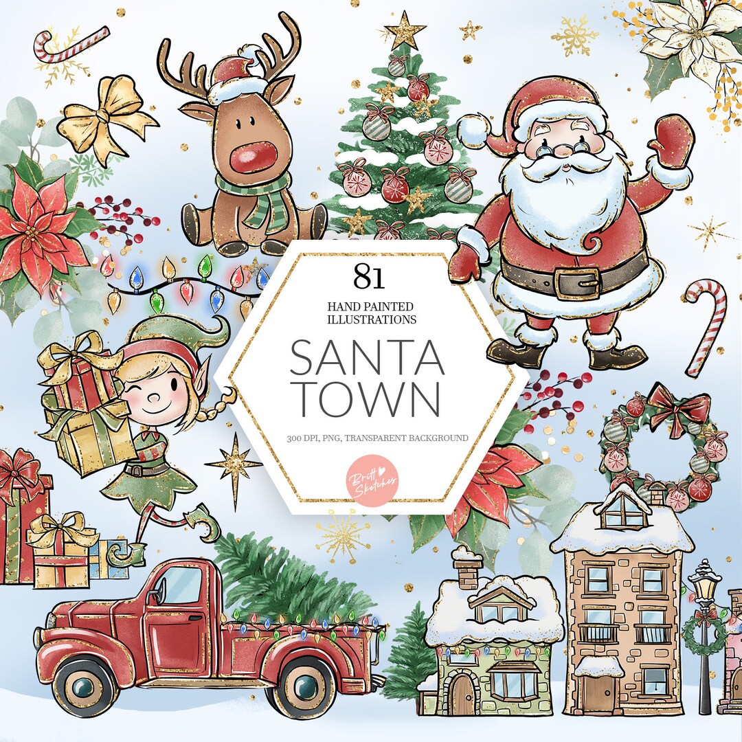 Santa Town Clipart, Christmas PNG, Elf and Reindeer, Christmas Village ...