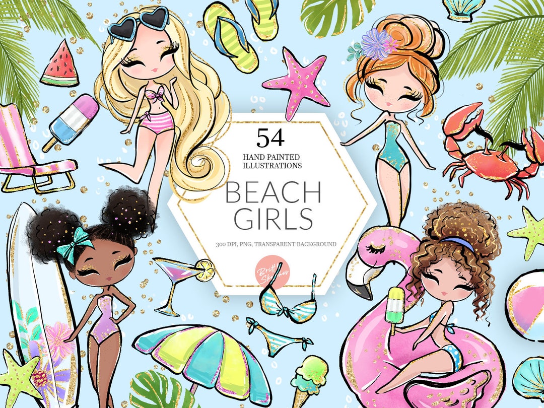 Beach Girls Clipart, Summer PNG, Glitter Dolls, Vacation, Beach, Bikini ...