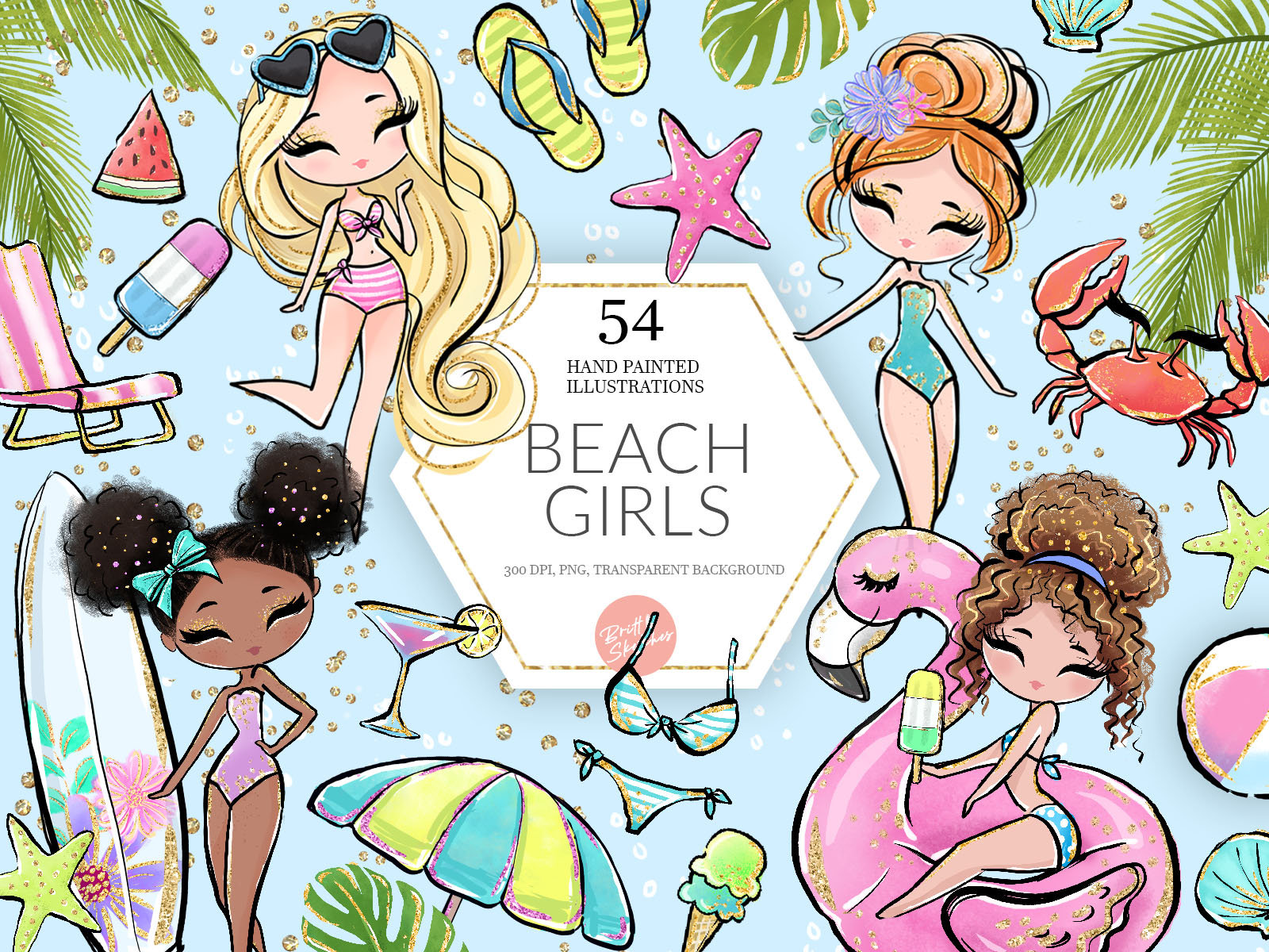 Beach Girls Clipart Summer PNG Glitter Dolls Vacation - Etsy
