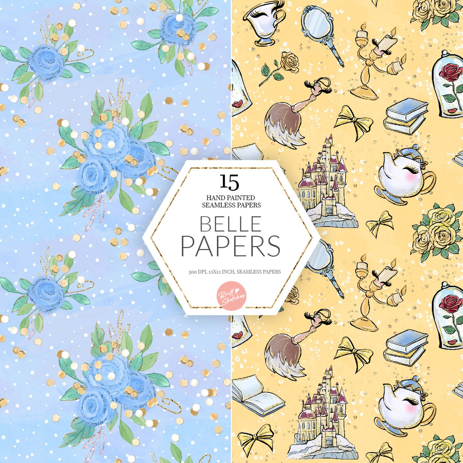 Beauty and Beast Digital Paper, Belle and the Beast, Cute Kids Art ...