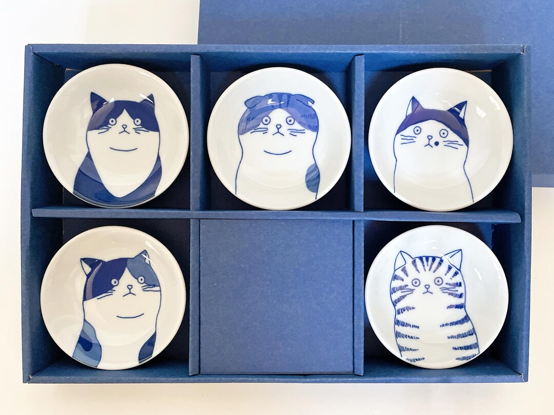 Set of 5 Japanese Minoyaki Cats Mini Bowls, Kawaii Cute Cat Portrait ...