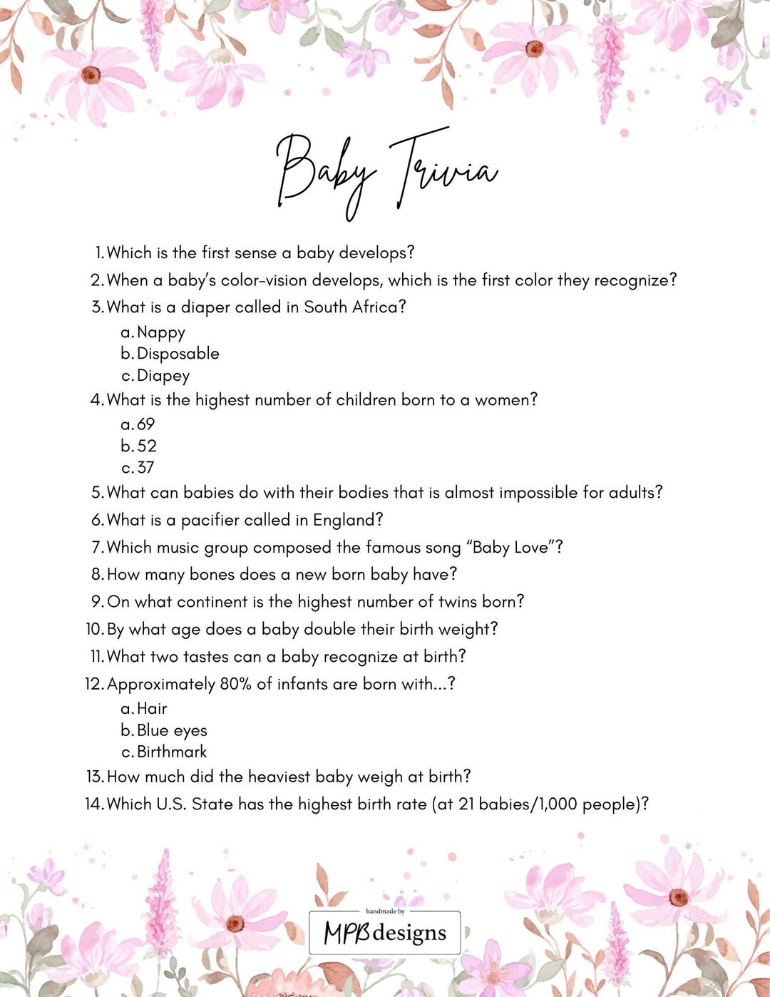 Baby Trivia Game, Pink, Floral, Printable, Downloadable, Baby Shower ...