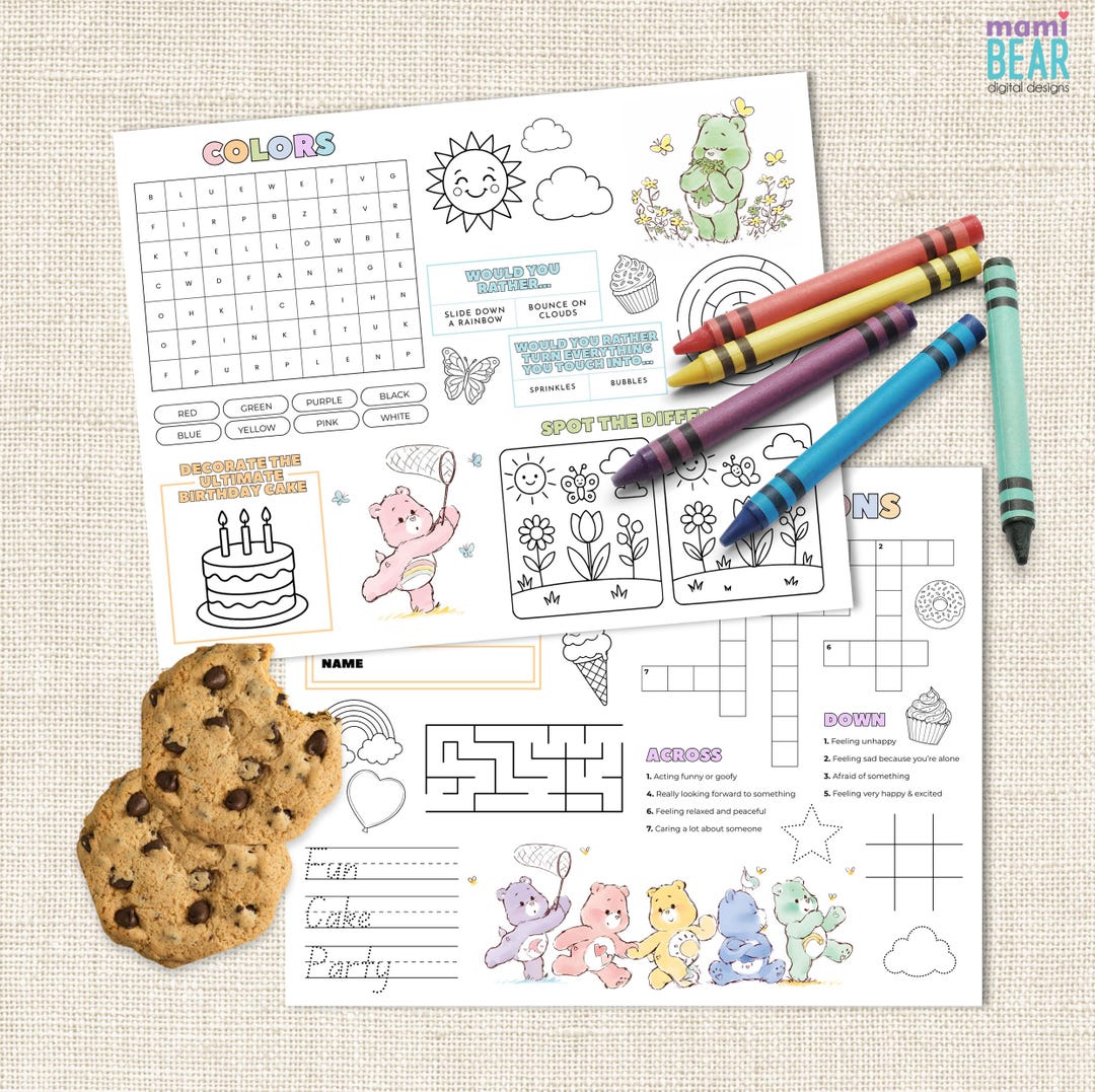 Cute Bears Activity Sheet Placemat . Printable Party Games. Birthday ...