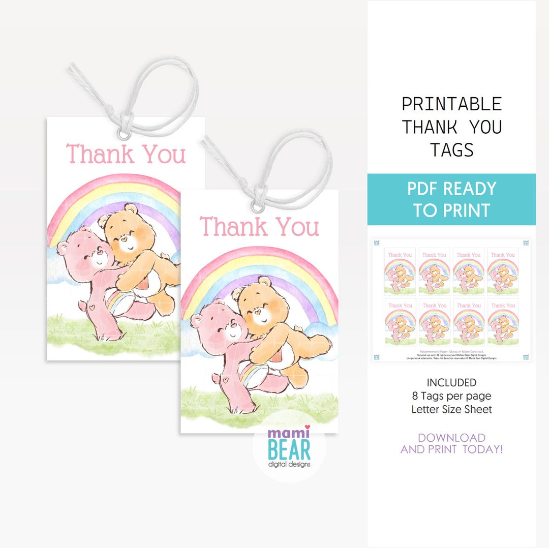 Cute Bears Thank You Tags Labels . Girly Pink Rainbow Printable Party ...