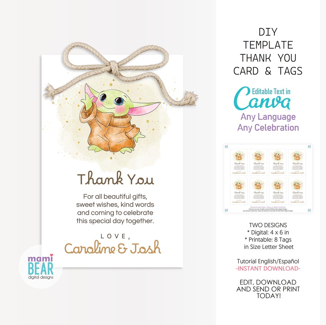 Little Jedi Grogu Thank You Card & Tags . Editable Printable Template ...