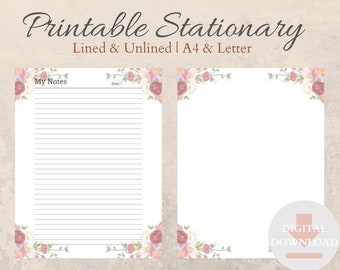 Printable Pink Floral Letter Writing Paper | Digital Download | Lined ...
